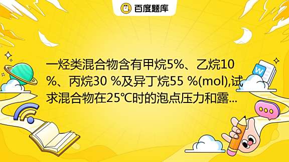 一烃类混合物含有甲烷5、乙烷10 、丙烷30 及异丁烷55 Mol试求混合物在25℃时的泡点压力和露点压力。解设甲烷为1组分 