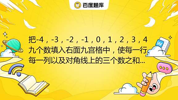 把 4， 3， 2， 1，0，1，2，3，4九个数填入右面九宫格中，使每一行、每一列以及对角线上的三个数之和相等．百度教育